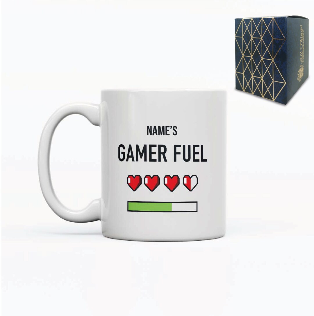 Printed Mug With Name's Gamer Fuel Hearts Design, Gift Boxed ...