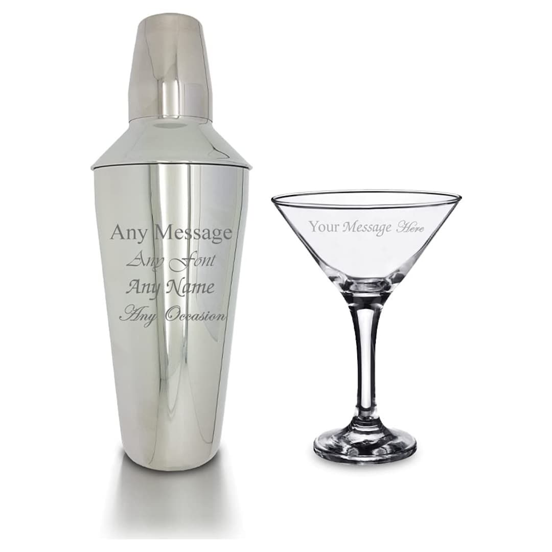 Personalised Engraved Cocktail Shaker With Strainer and Martini Glass ...