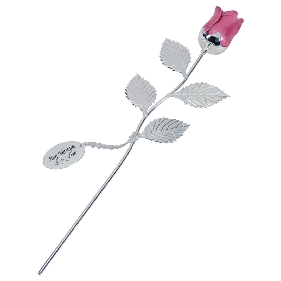 Personalised Engraved Silver Plated Pink Rose With Pendant, Gift Boxed ...