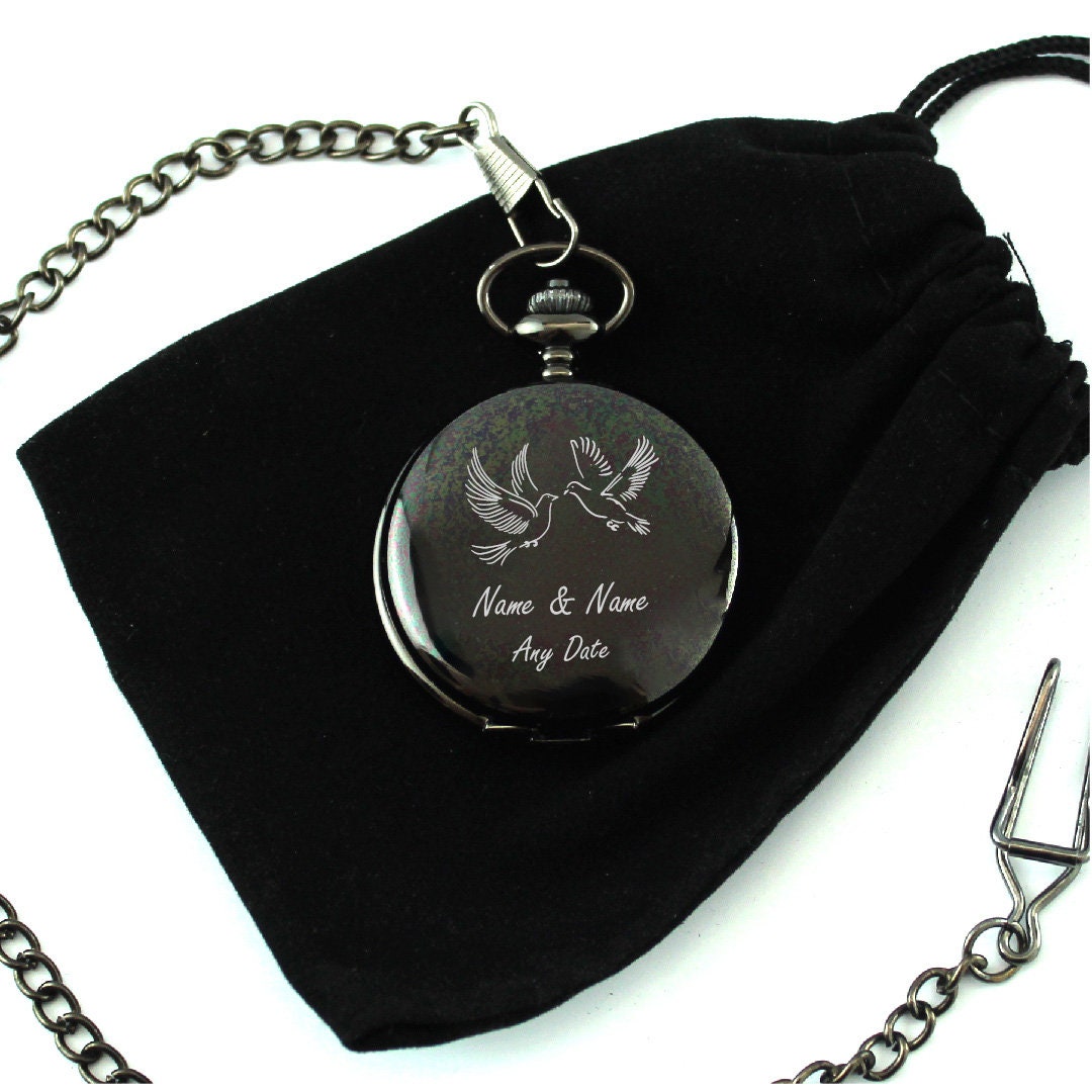 Personalised Engraved Mechanical Black Butterfly Pocket Watch Kissing ...