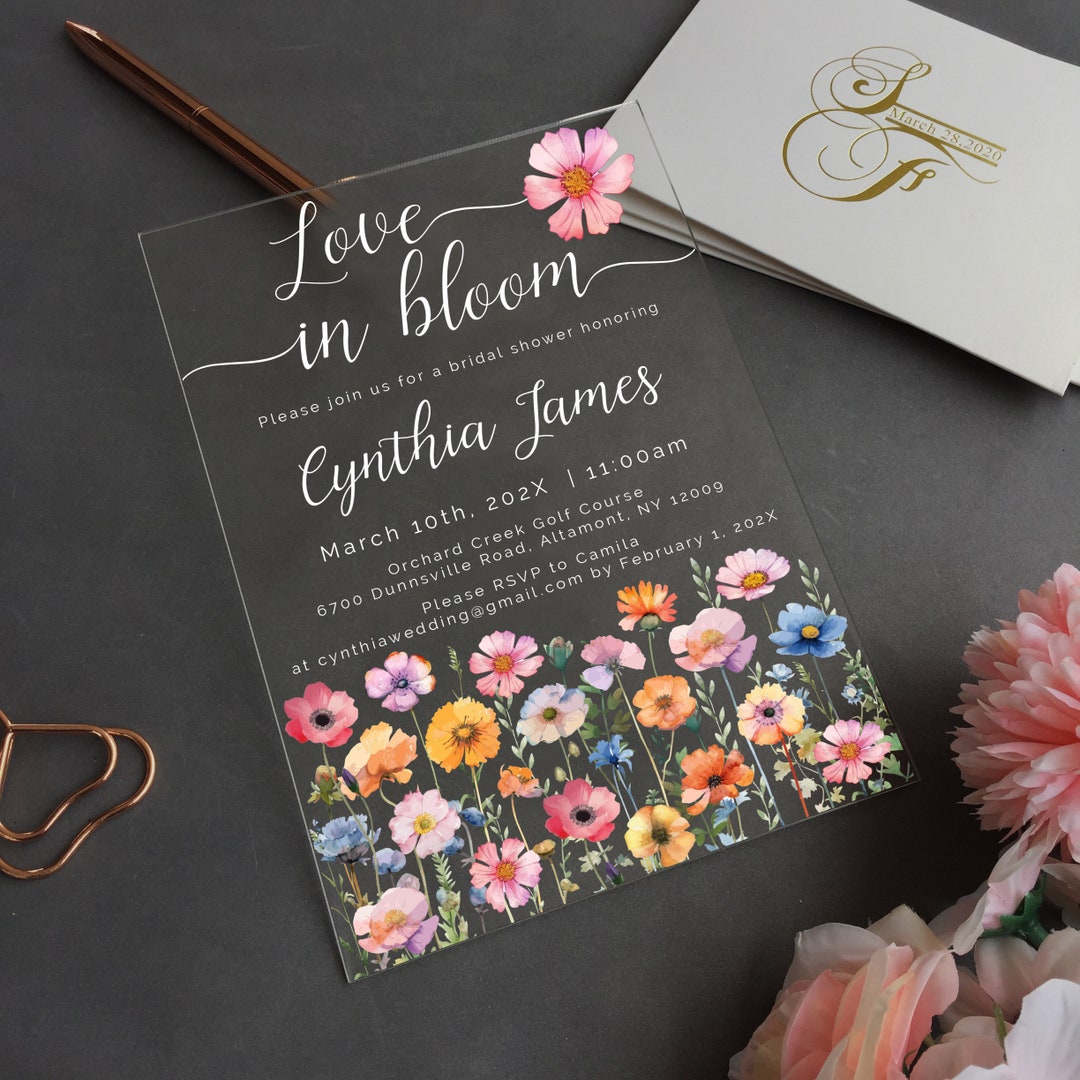 Love in Bloom Acrylic Invite, Wildflower Bridal Shower Acrylic Invite ...