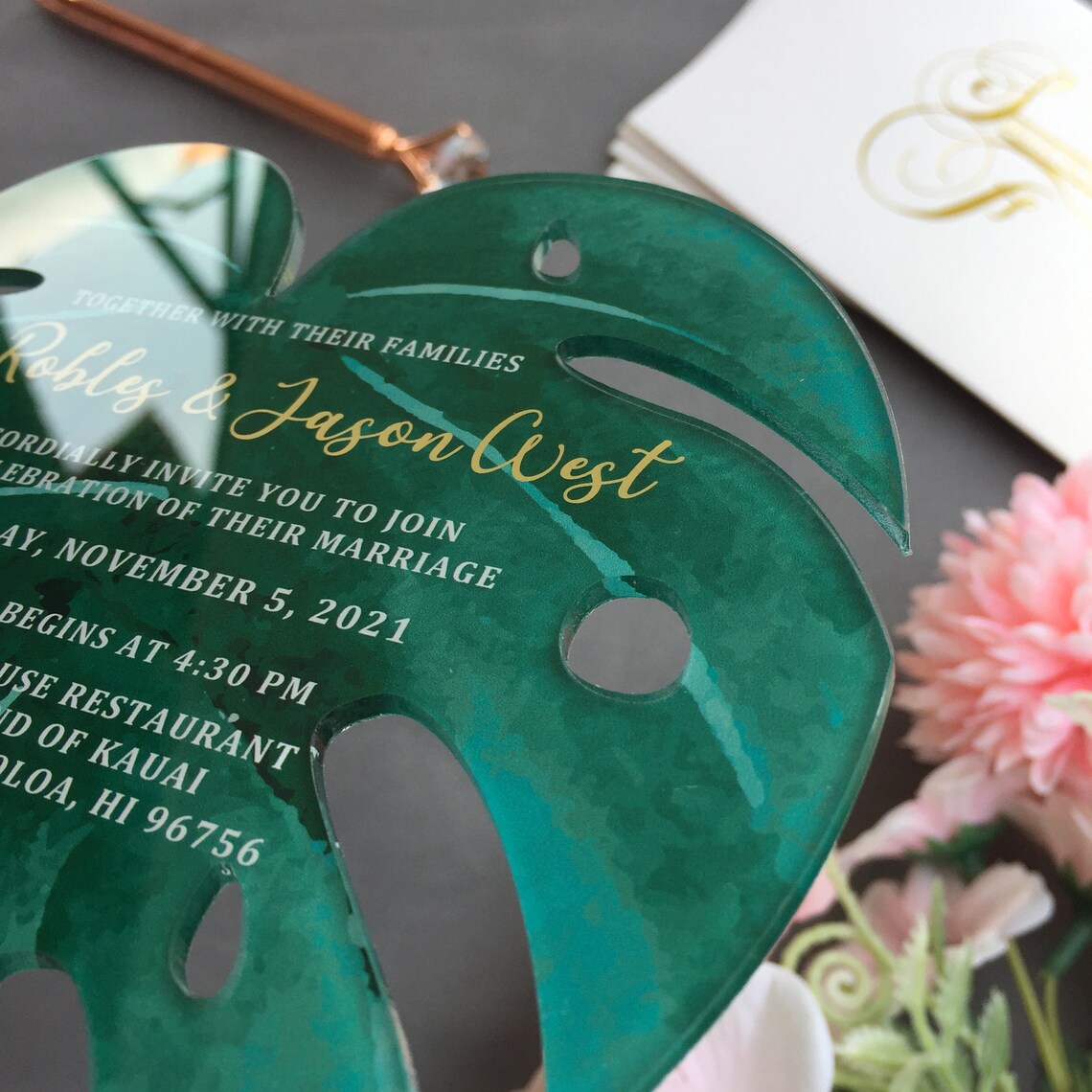 Monstera Leaf Acrylic Wedding Invitation, Acrylic Tropical Wedding ...