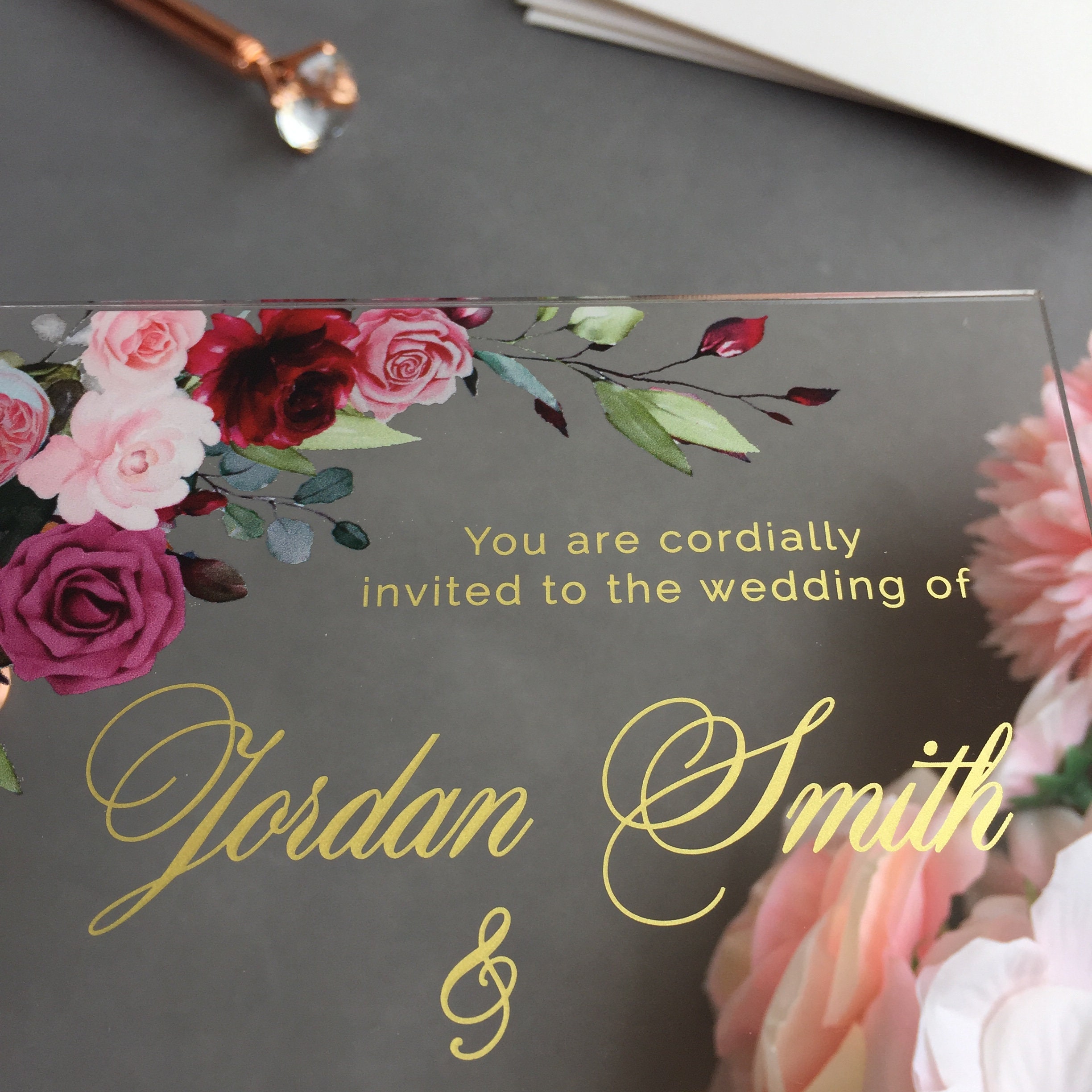 Custom Acrylic Wedding Invitation, Gold Acrylic Invites, Dusty Rose ...
