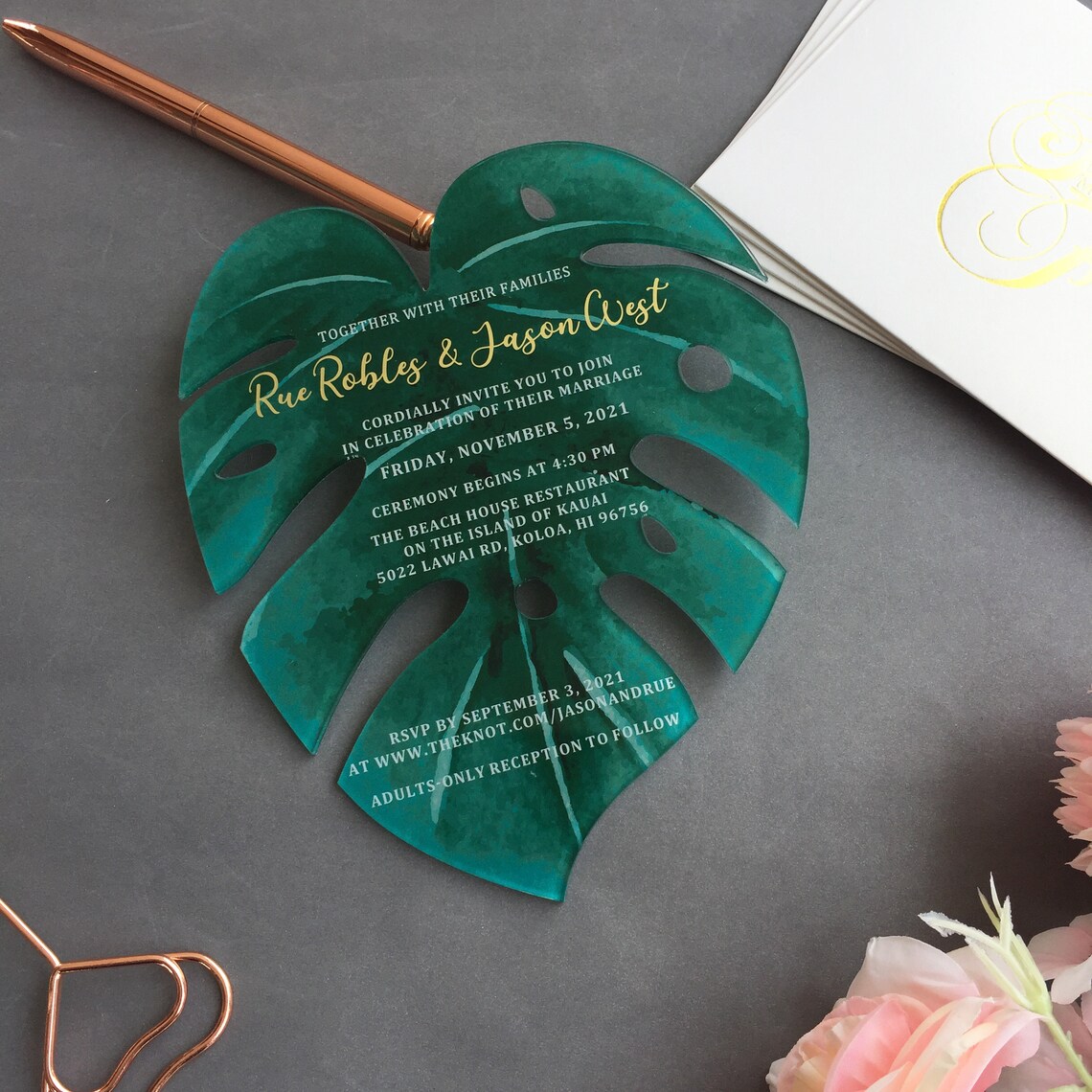 Monstera Leaf Acrylic Wedding Invitation, Acrylic Tropical Wedding ...