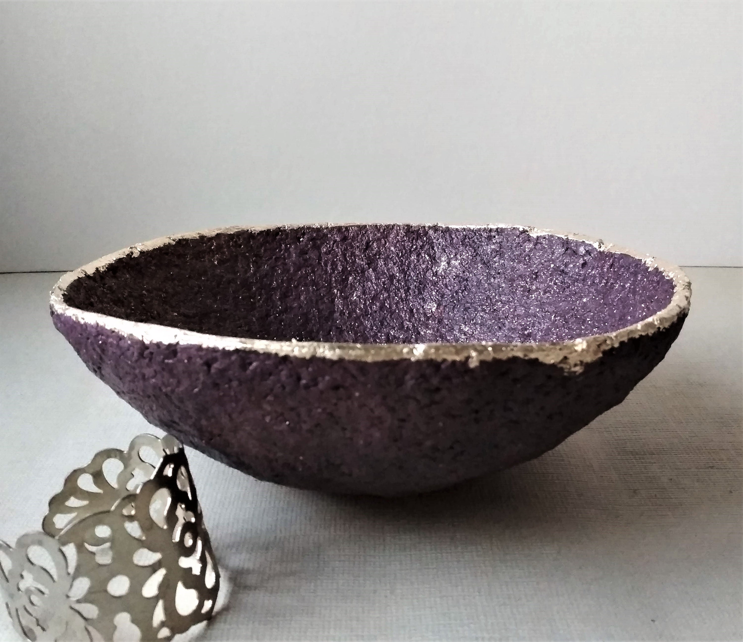 Purple Papier Mache Bowl With Gold Glitter and Gold Rim. Recycled Paper ...