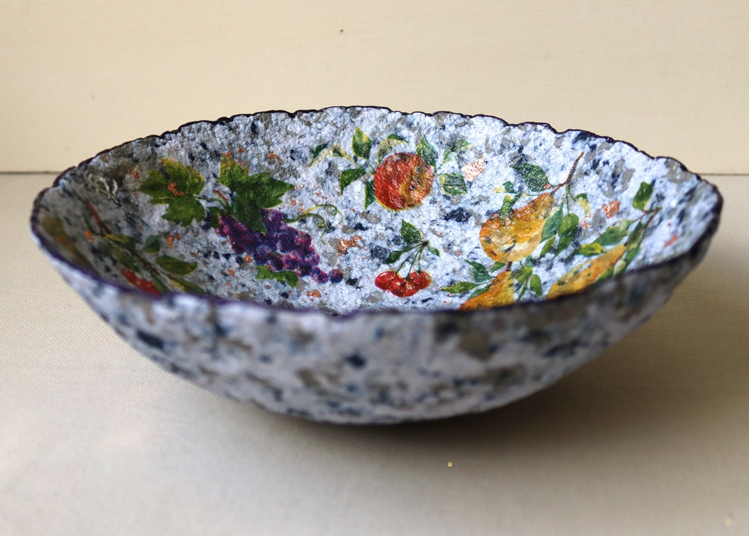 Variegated Gray Paper Mache Bowl With Fruit Decoupage. Decorative ...