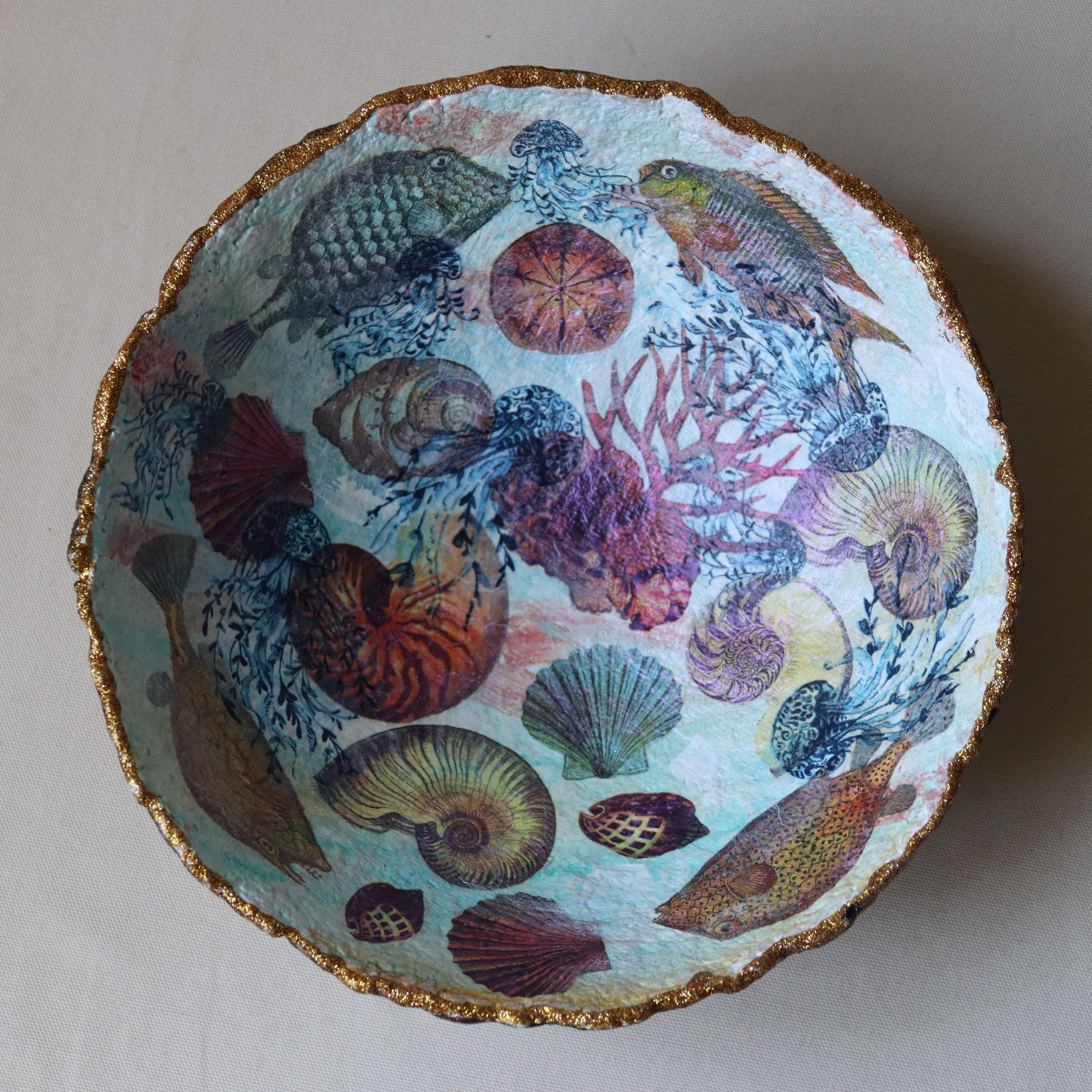 Paper Mache Bowl With Fish, Jellyfish, Shells. Decorative Recycled ...