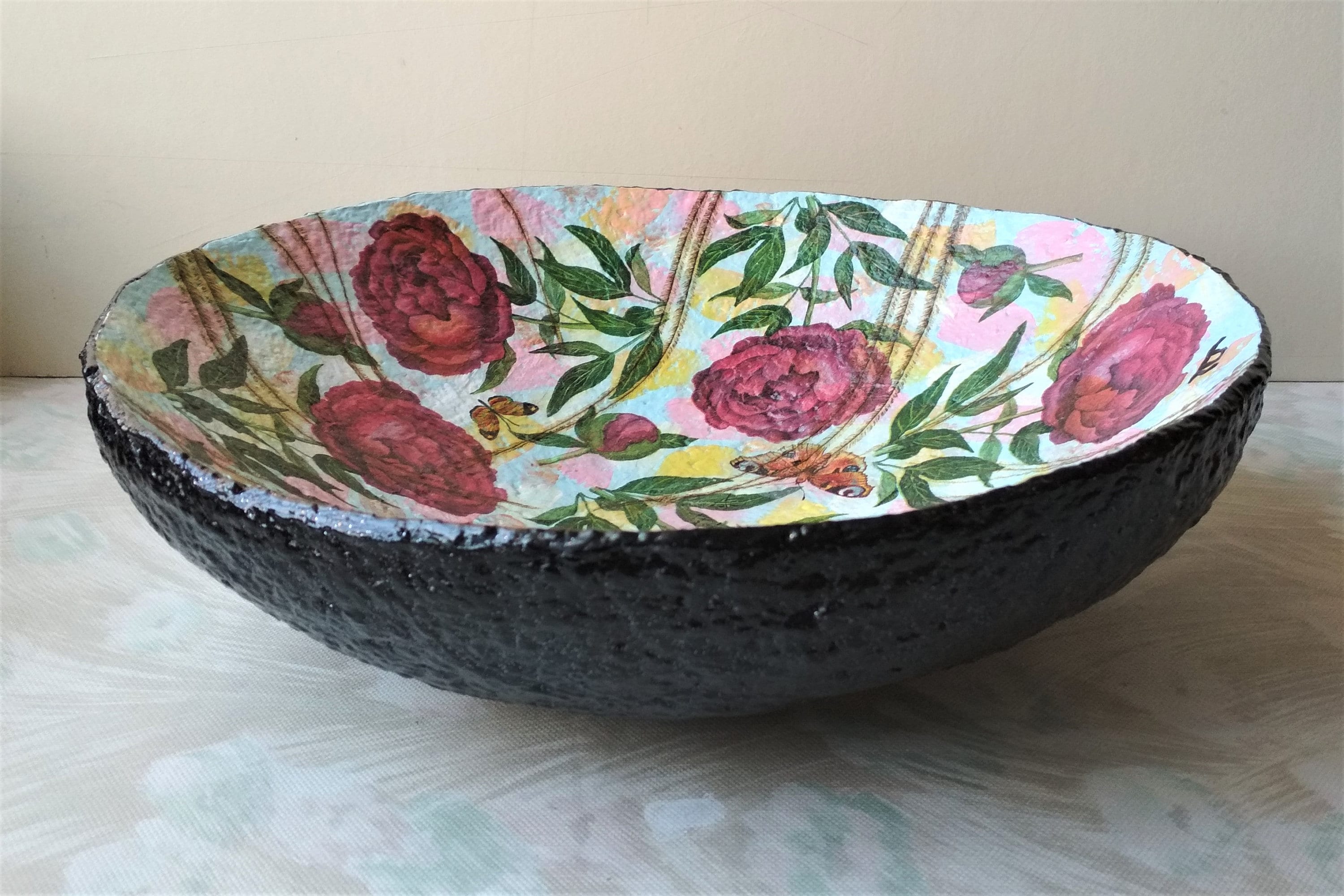 Small Unique papier mache bowl with peony decoupage and gold glitters ...