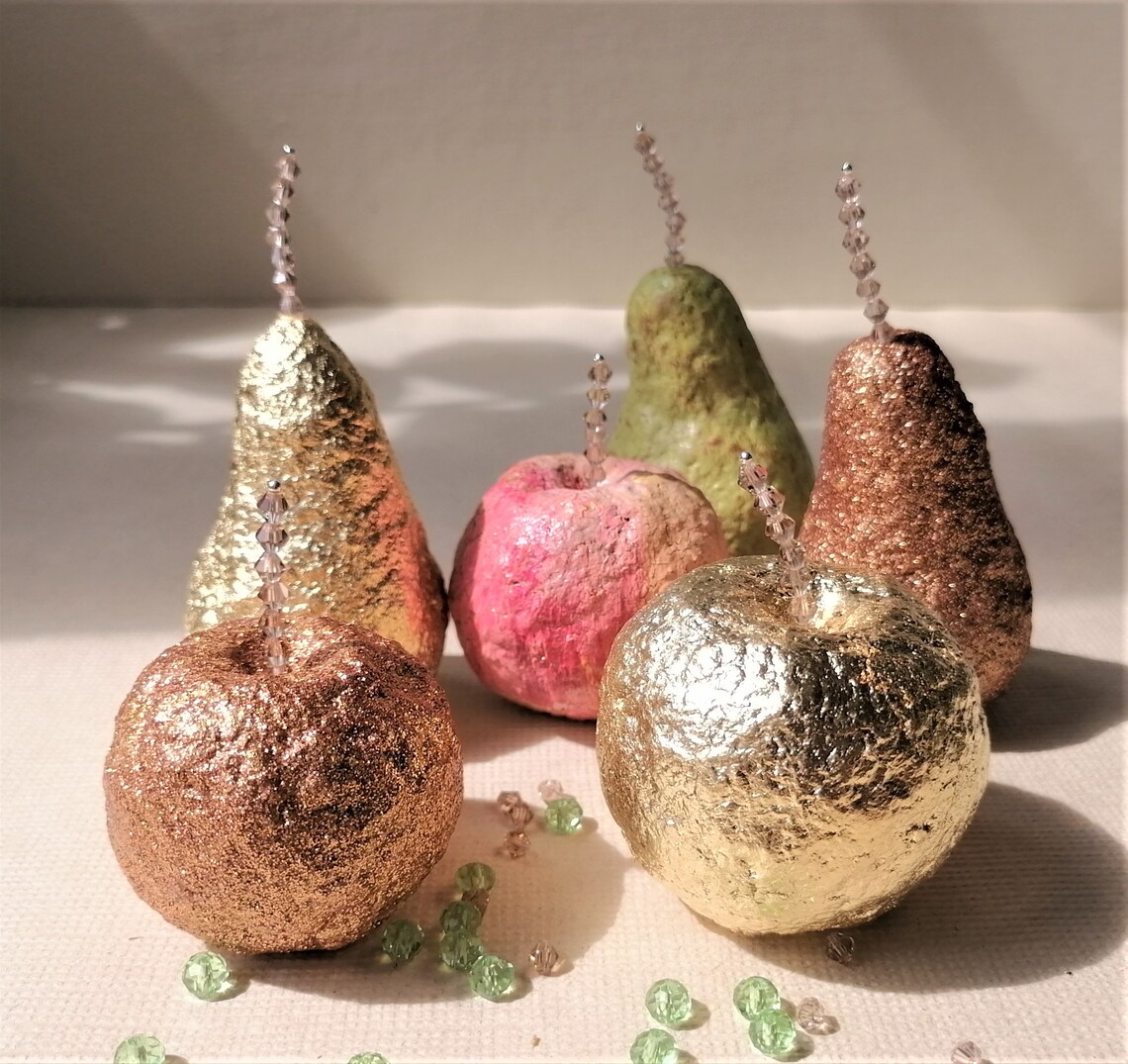 Decorative Paper Mache Apples and Pears With Crystal Stalks. Christmas ...
