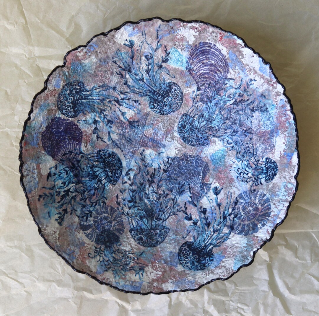 Paper Mache Bowl With Blue Jellyfish and Shells. Sustainable Recycled ...