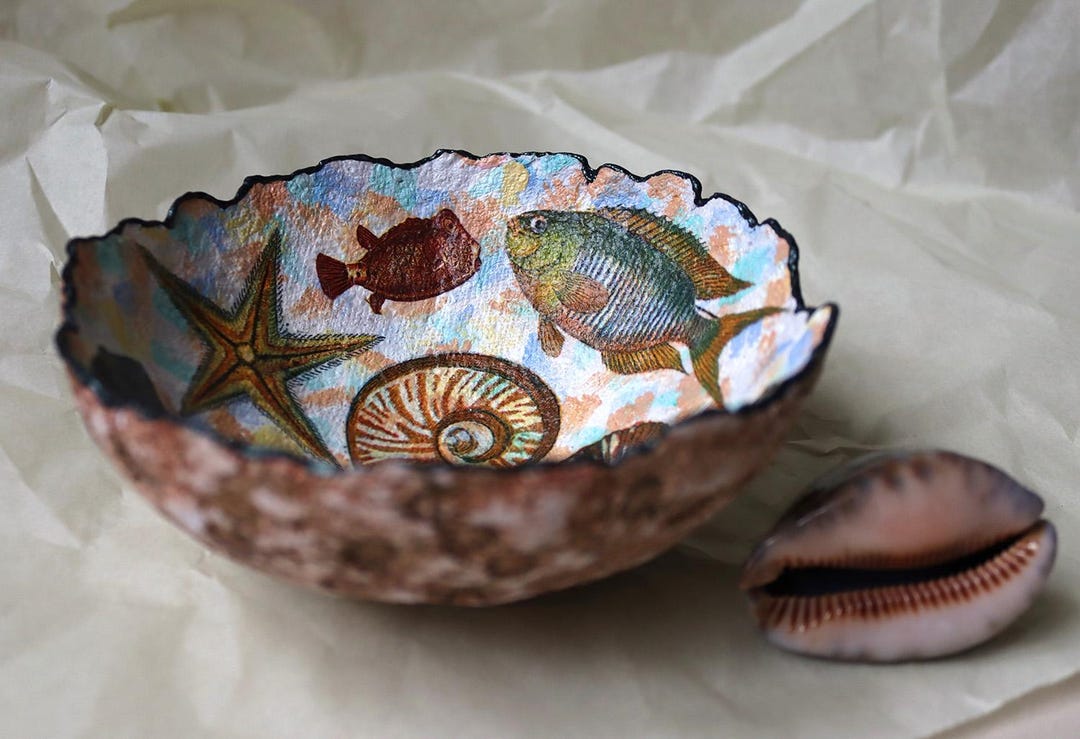 Paper Mache Bowl: Fish & Shell Decor, Recycled Plate Art - Etsy