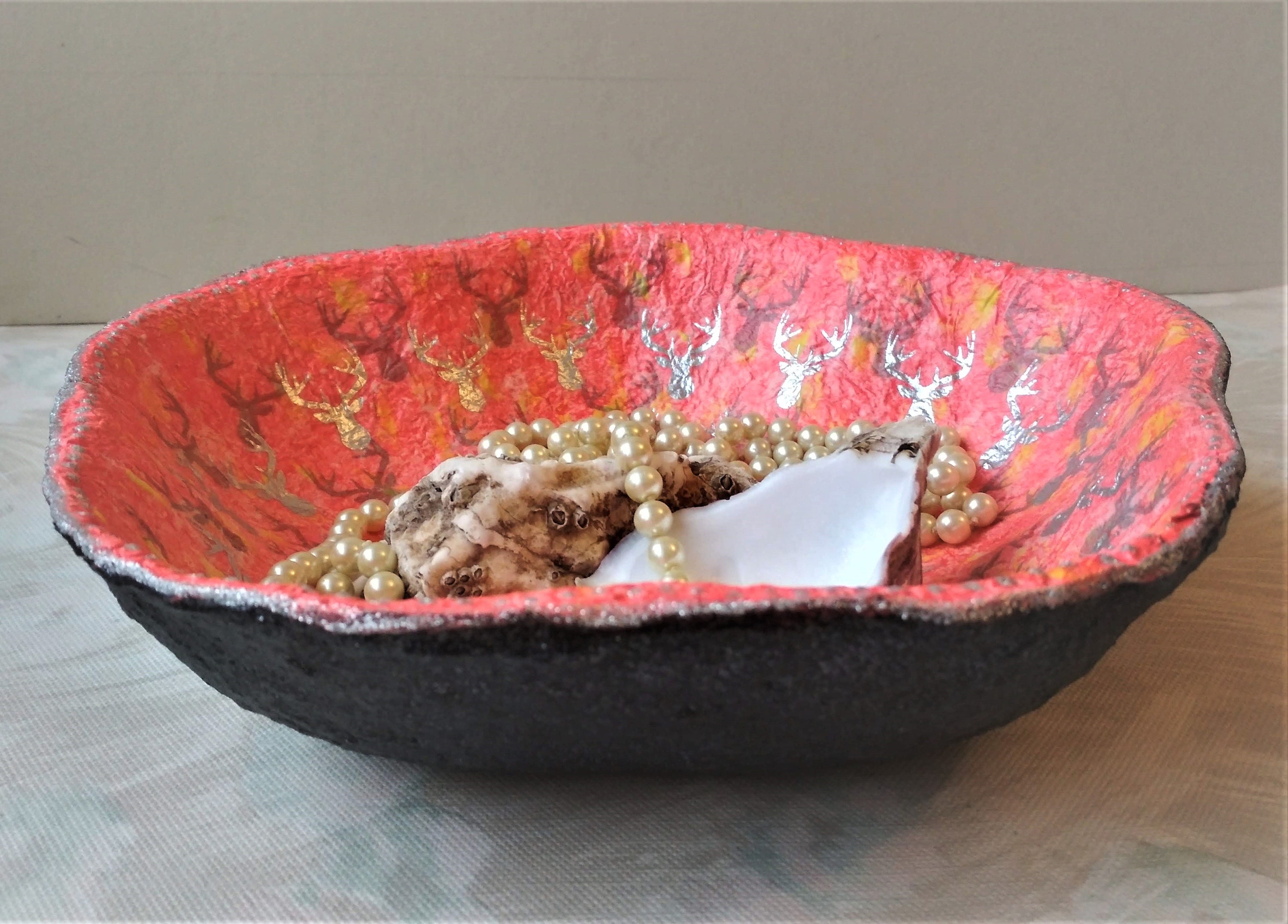 Red Paper Mace Bowl With Silver Deer. Recycled Paper Interior Decor ...