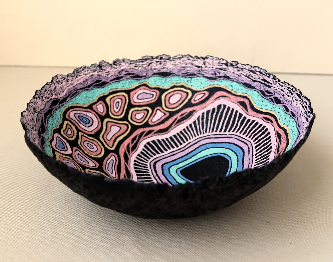 Bright Paper Mache Bowl With Abstract Painting Orange, Yellow, Pink and ...