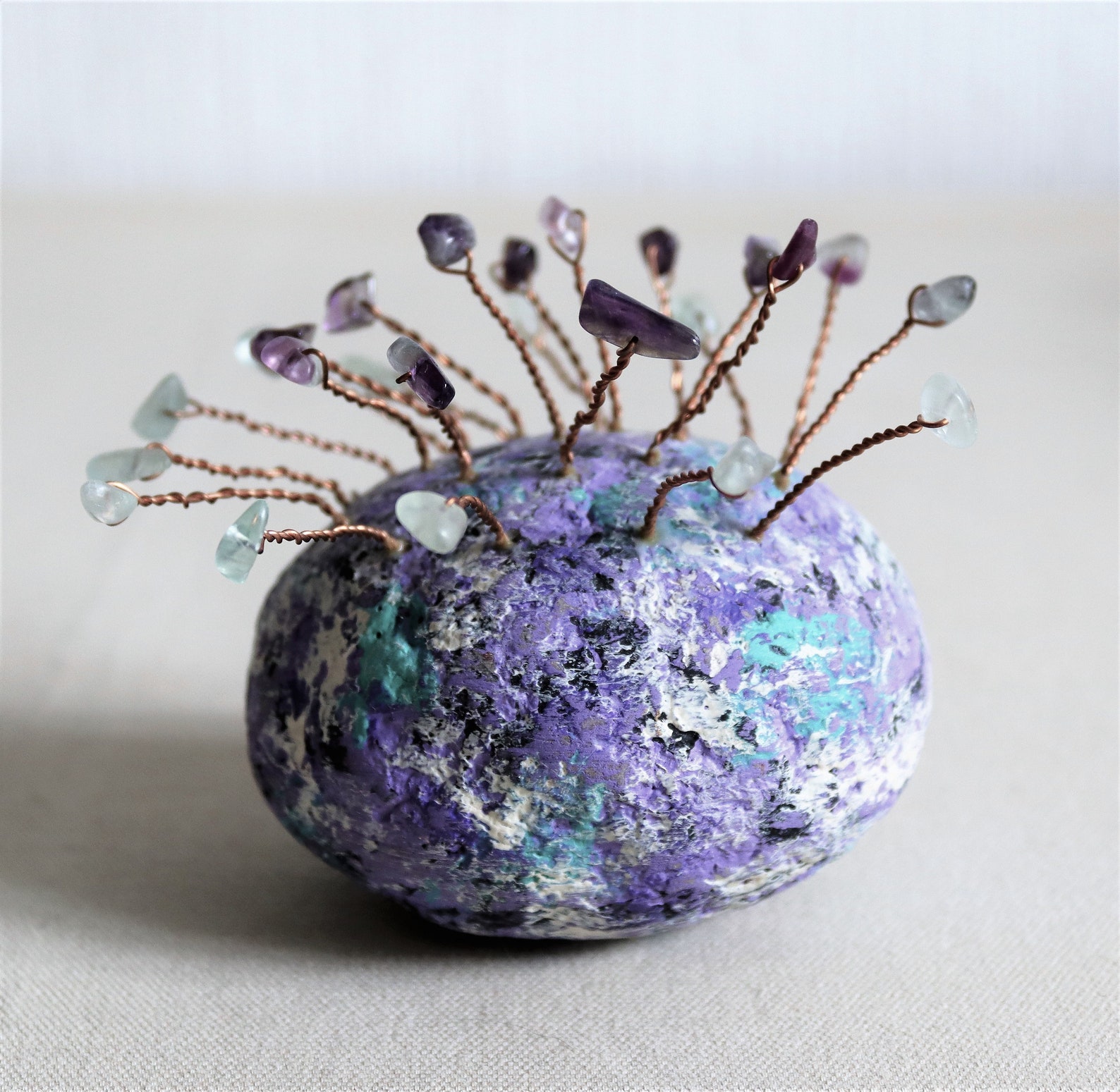 Purple Flowering Paper Mache Stone With Colored Purple and Green ...