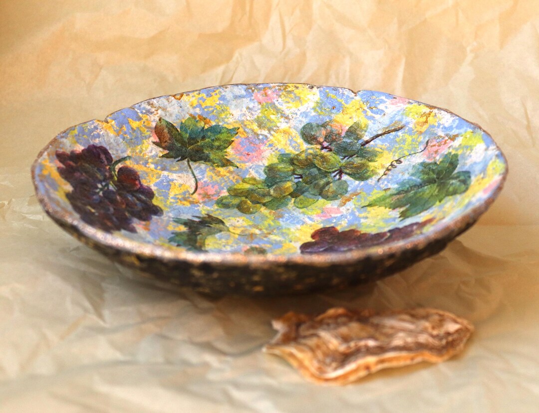 Decorative Paper Mache Fruit Bowl With Grape Decoupage. Unique Recycled ...