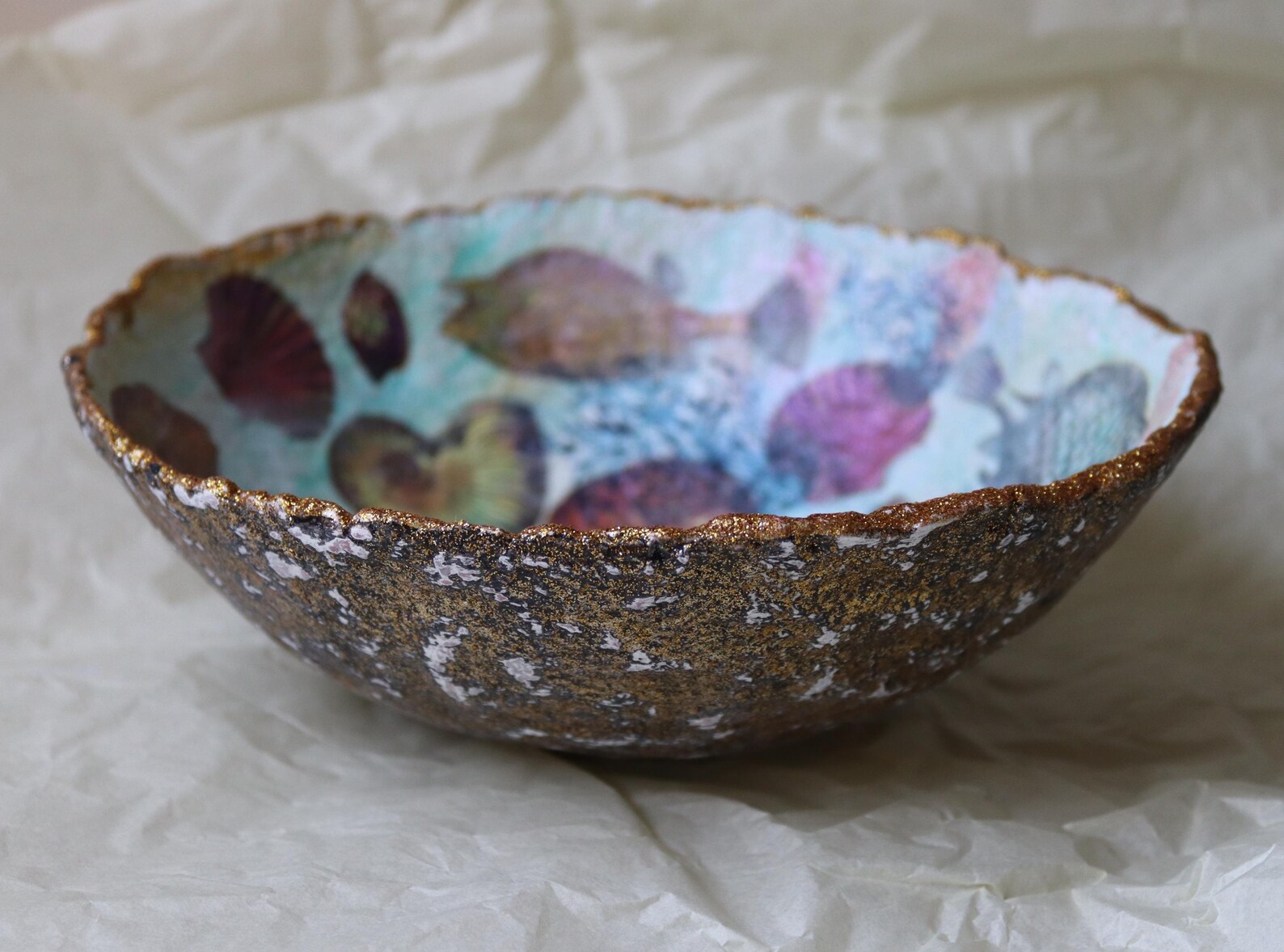 Paper Mache Bowl With Fish, Jellyfish, Shells. Decorative Recycled ...
