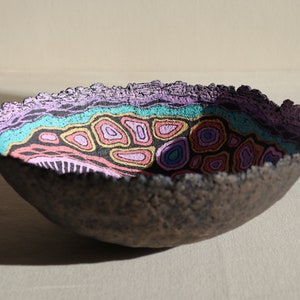 Bright Paper Mache Bowl With Abstract Painting Orange, Yellow, Pink and ...