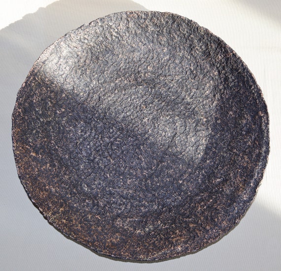 Large paper mache bronze plate with Large bronze plate with lace relief. Recycled paper interior decor. Handmade papmache Housewarming gift