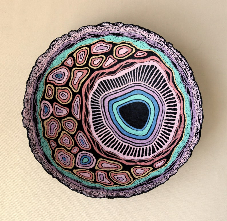 Bright Paper Mache Bowl With Abstract Painting Orange, Yellow, Pink and ...