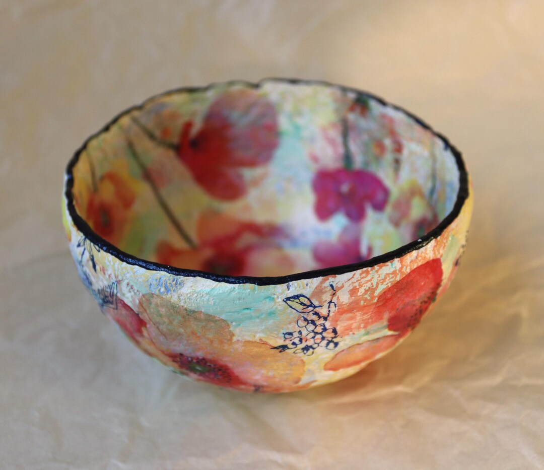 Bright, Cheerful Paper Mache Bowl With Poppys. Decorative Recycled ...