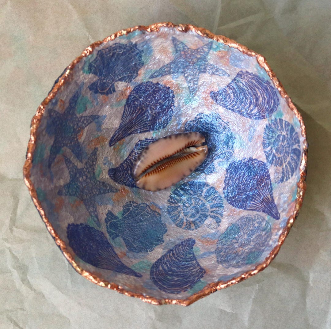 Blue Paper Mache Bowl With Seashell and Starfish – Handmade Coastal ...