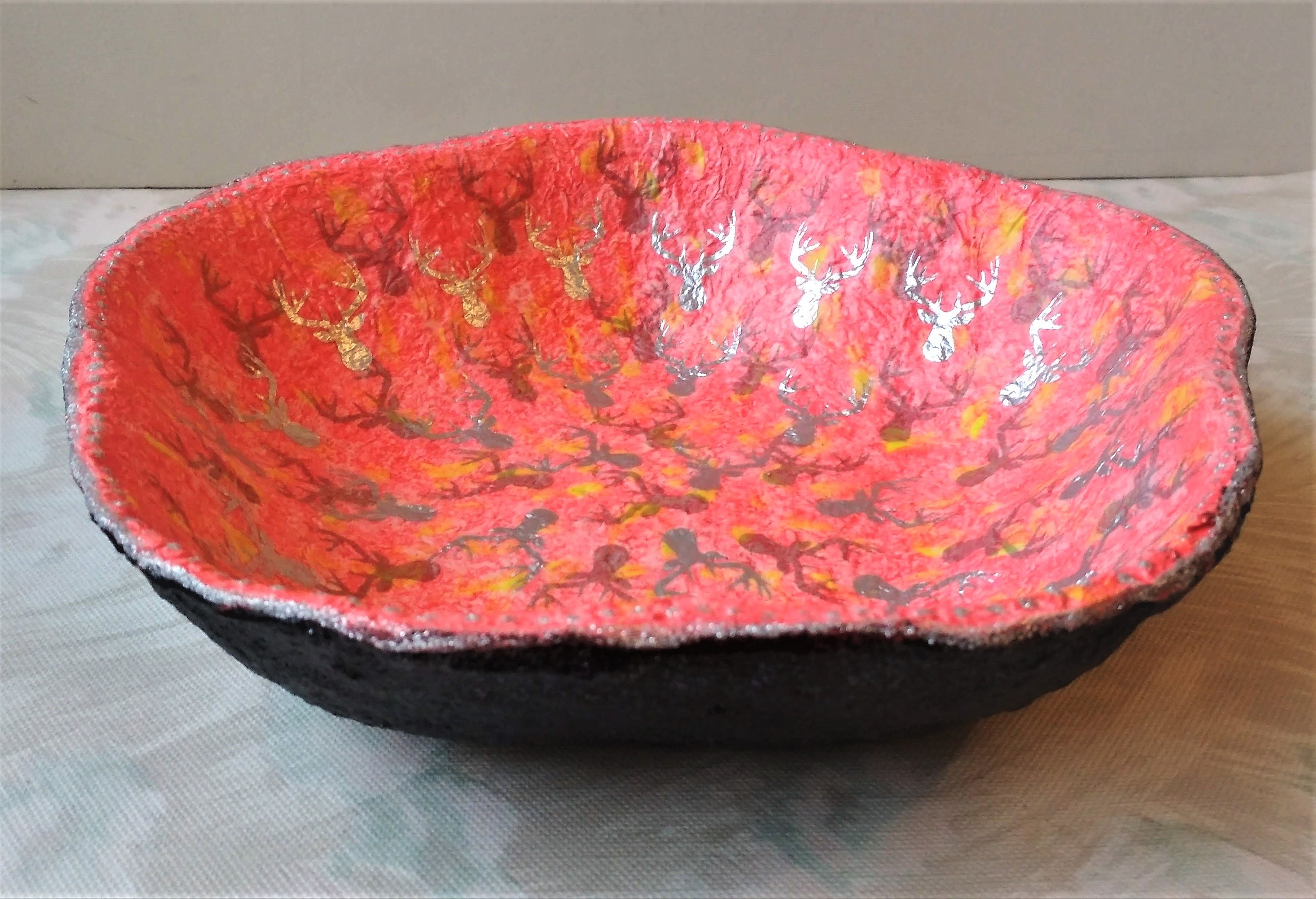 Red Paper Mace Bowl With Silver Deer. Recycled Paper Interior Decor ...