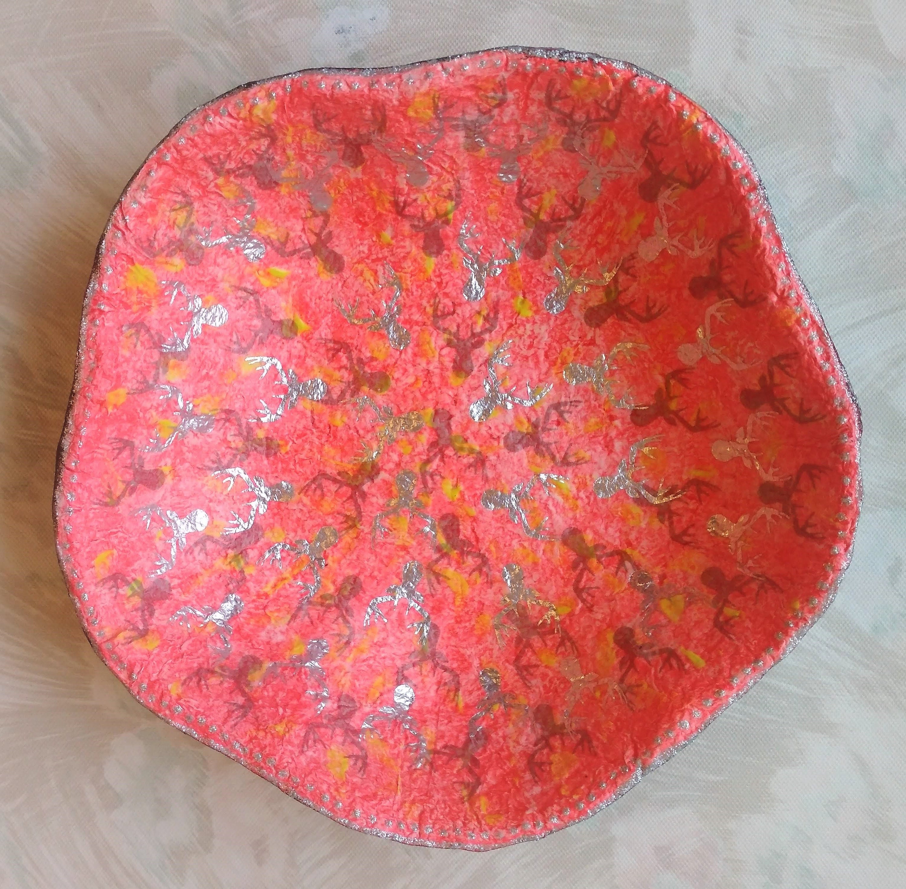 Red Paper Mace Bowl With Silver Deer. Recycled Paper Interior Decor ...