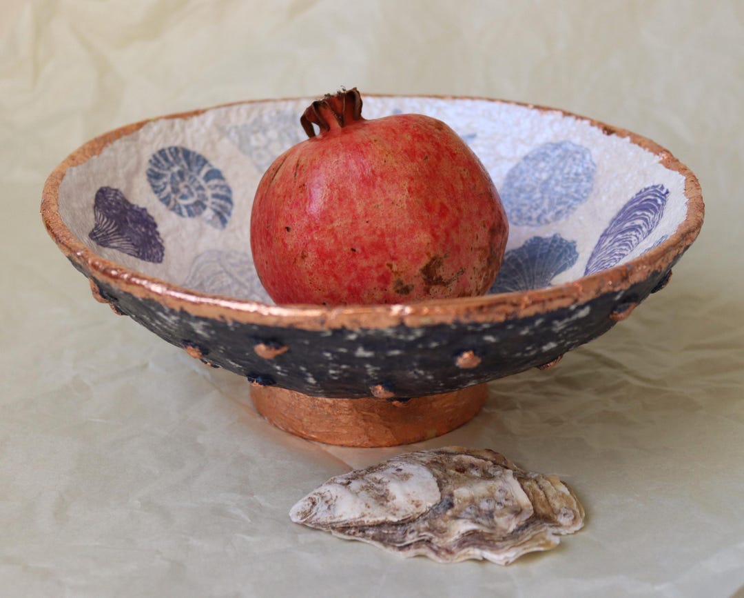 Paper Mache Bowl With Shells and Bronze Rim and Dots. Sustainable ...