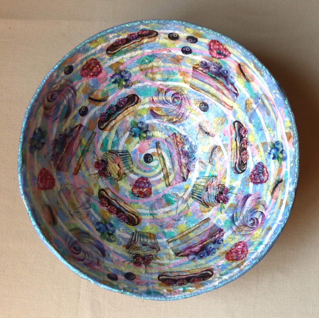Decorative Paper Mache Fruit Bowl With Cake and Berry Decoupage. Unique ...