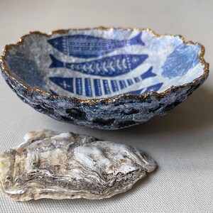 Small Charming Paper Mache Bowl With Blue Stylized Fish and Shells ...