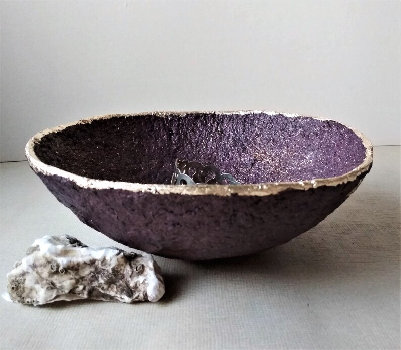 Purple Papier Mache Bowl With Gold Glitter and Gold Rim. Recycled Paper ...