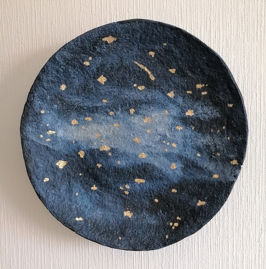 Large Navy Blue Paper Mache Wall Plate With Gold Spots. - Etsy