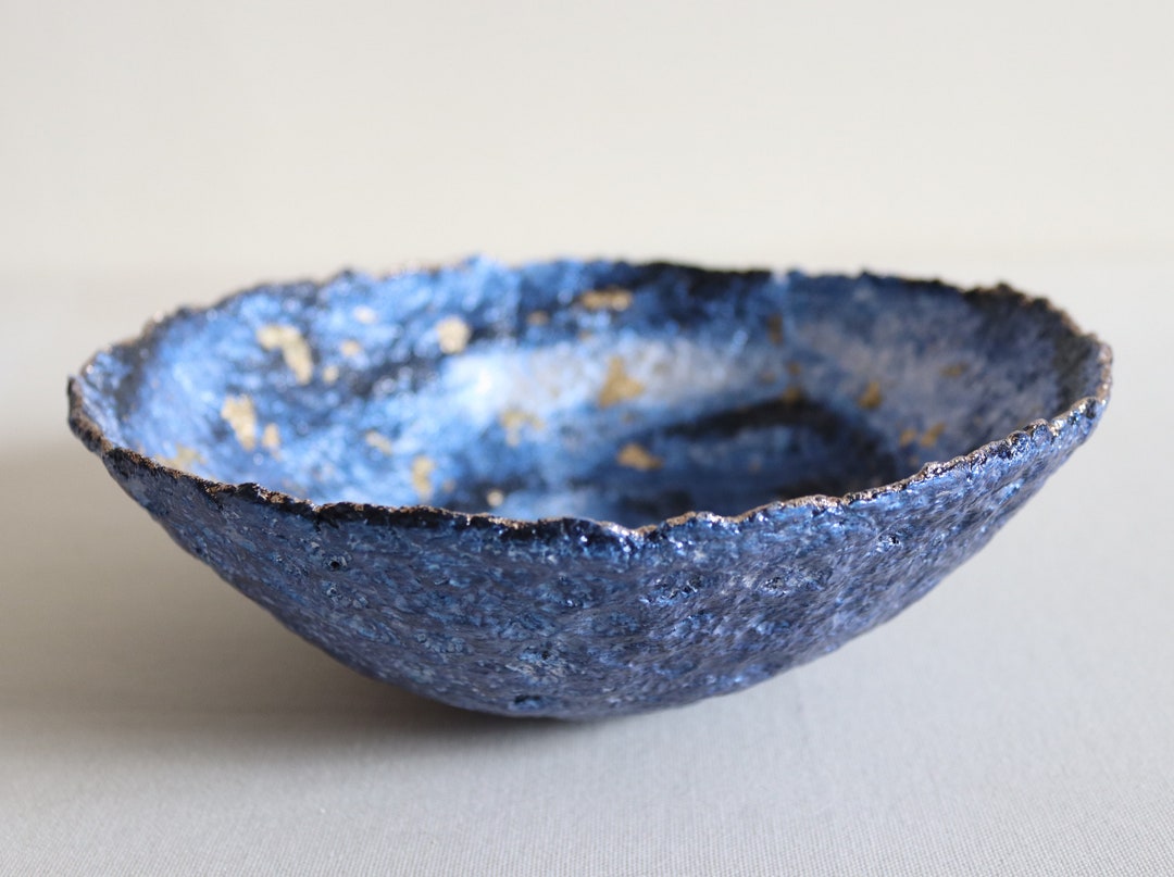 Blue Paper Mache Bowl With Gold Flecks. Decorative Recycled Paper Plate ...