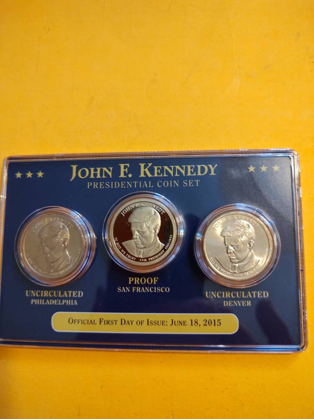 John E Kennedy 3 Coin Dollar Set First Day of Issue Proof and ...