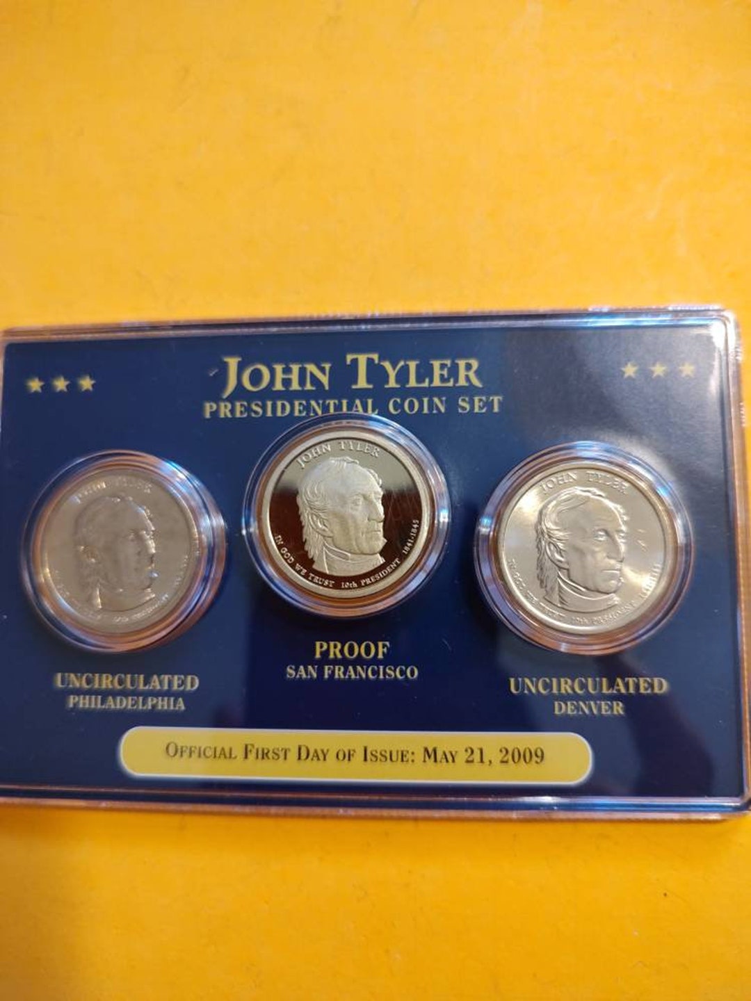 John Tyler 3 Coin Dollar Set First Day of Issue Proof and Philadelphia ...
