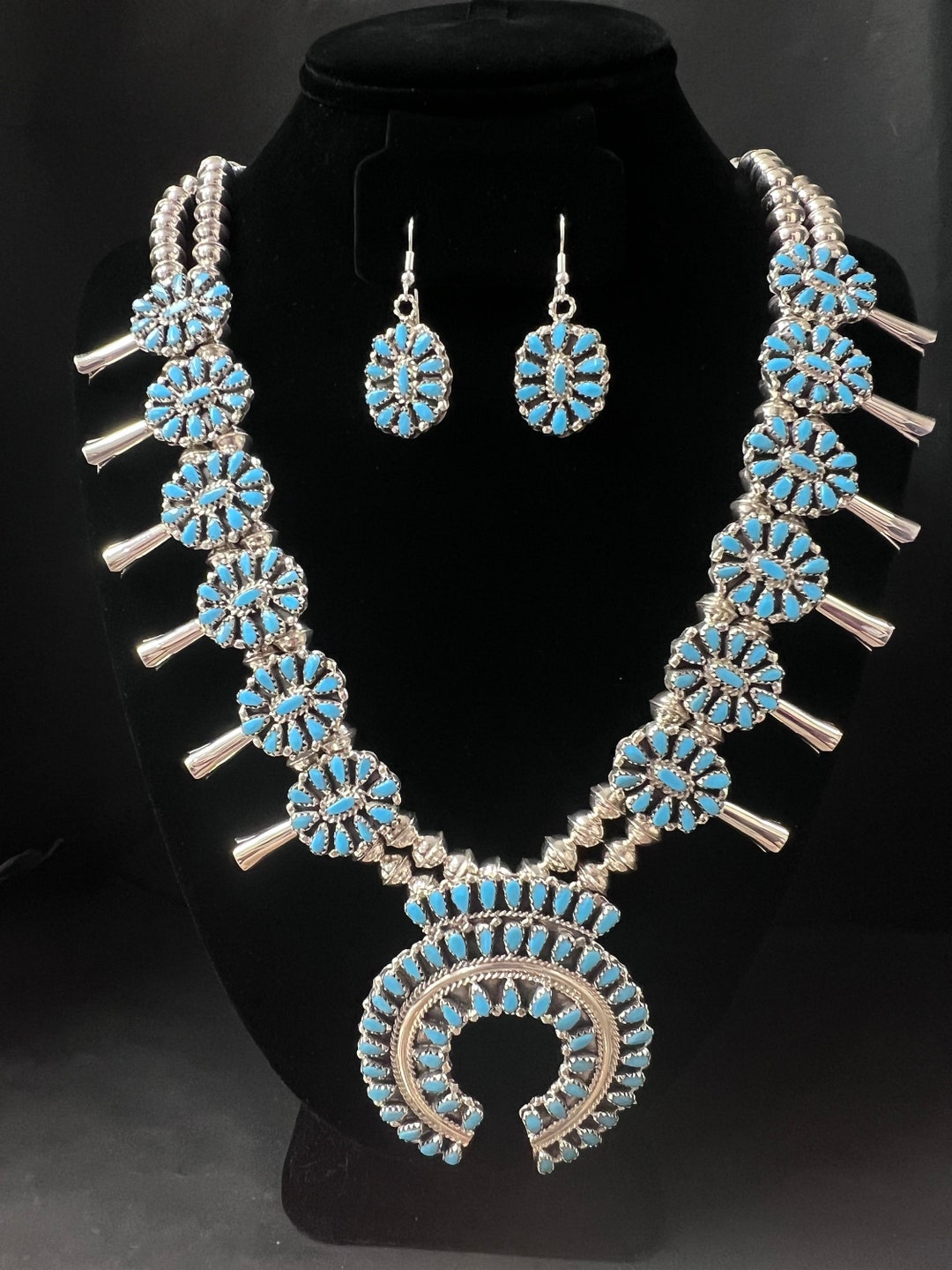 Milton James, Navajo, Turquoise Squash Blossom Necklace and Earring Set ...
