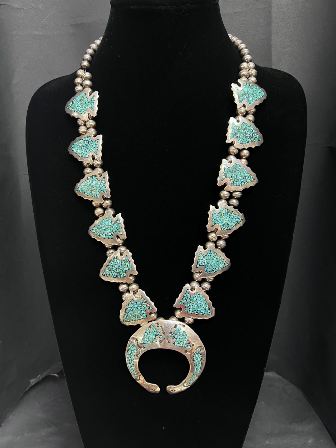 Navajo, 70s Vintage Arrowhead Turquoise Chip Inlay Squash Blossom ...