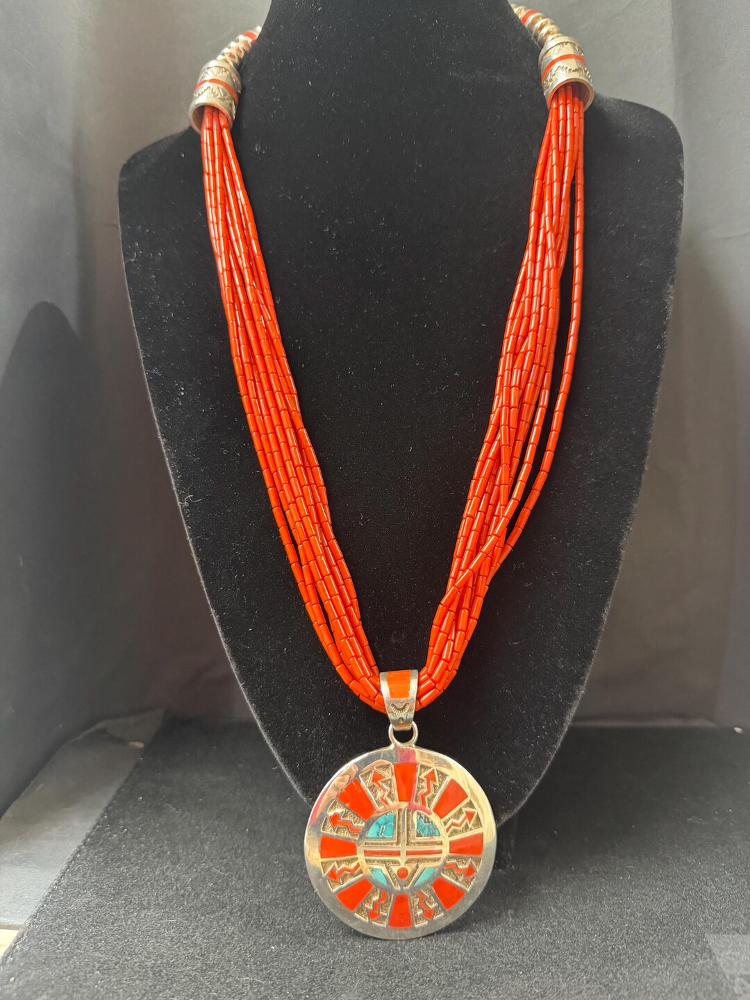Early Michael Perry, Navajo, Large Coral and Turquoise Inlay Pendant on ...