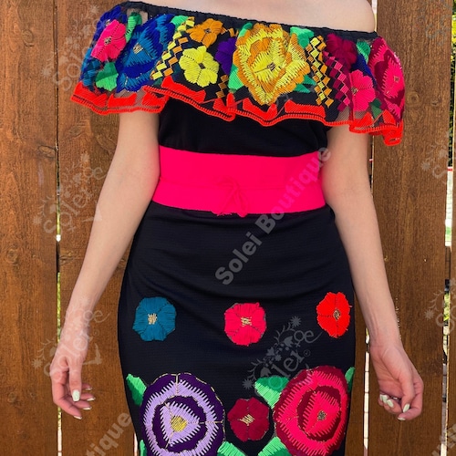 Hand Embroidered Mexican Flounce Dress. Floral Mexican Dress. - Etsy