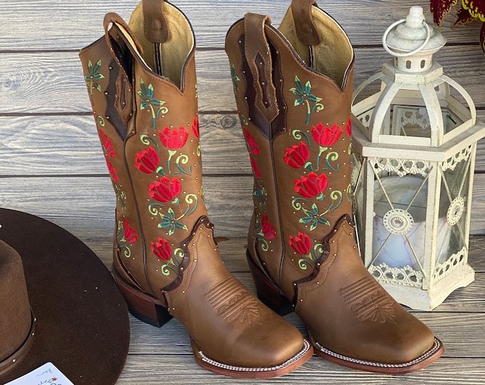 Women's Mexican Boot. Handmade Leather Floral Embroidered | Etsy