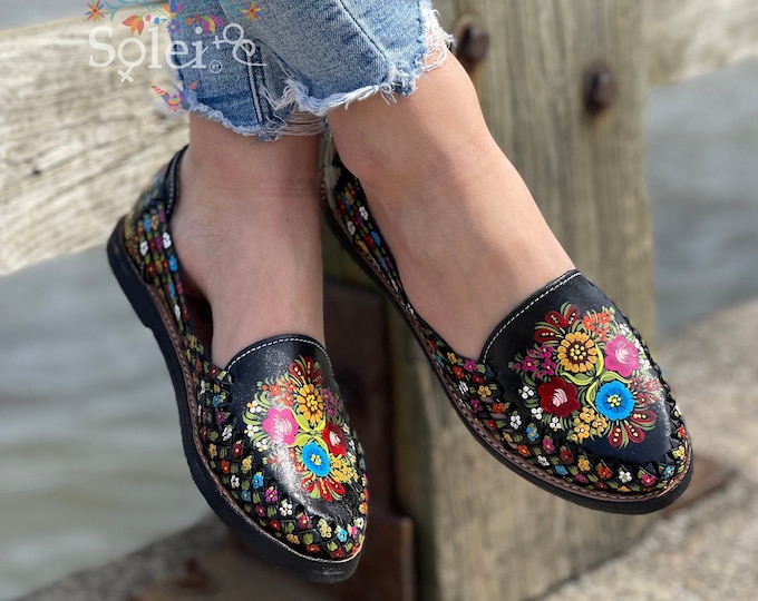 Hand-painted Mexican Leather Sandals, Boho Floral Flats - Etsy