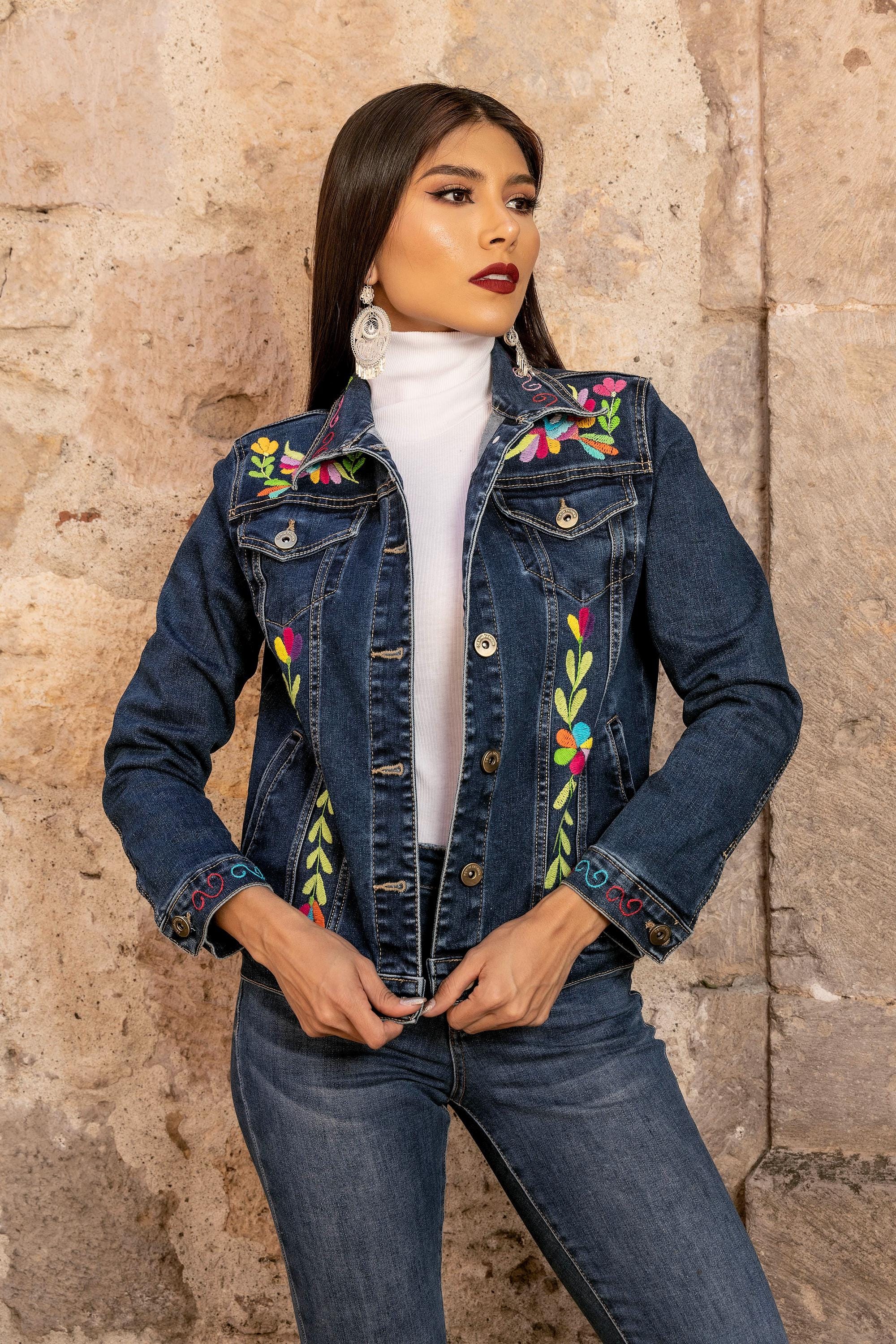 Mexican Floral Embroidered Jeans Jacket. Mexican Artisanal Denim Jacket ...