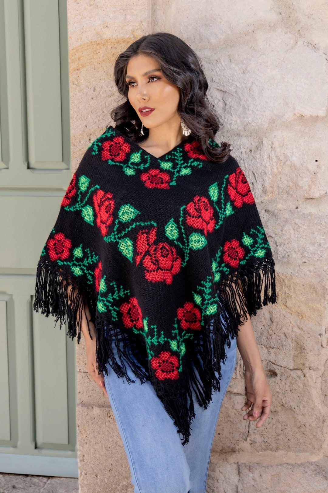 Hand Embroidered Mexican Poncho. Artisanal Mexican Poncho. Boho Fringe ...