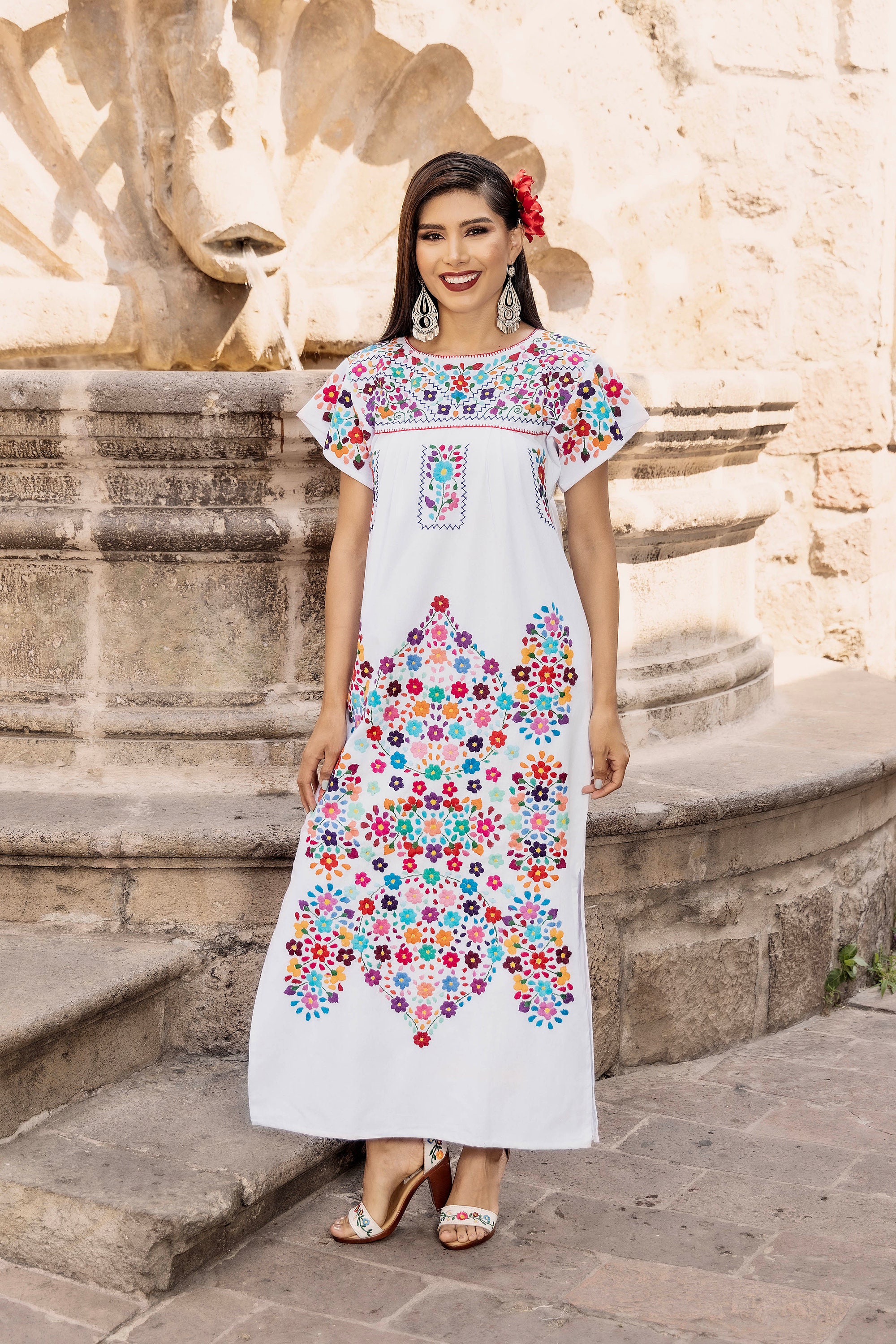 Long Mexican Traditional Dress. Embroidered Mexican Dress. Boho Floral. Mexican Party Dress ...