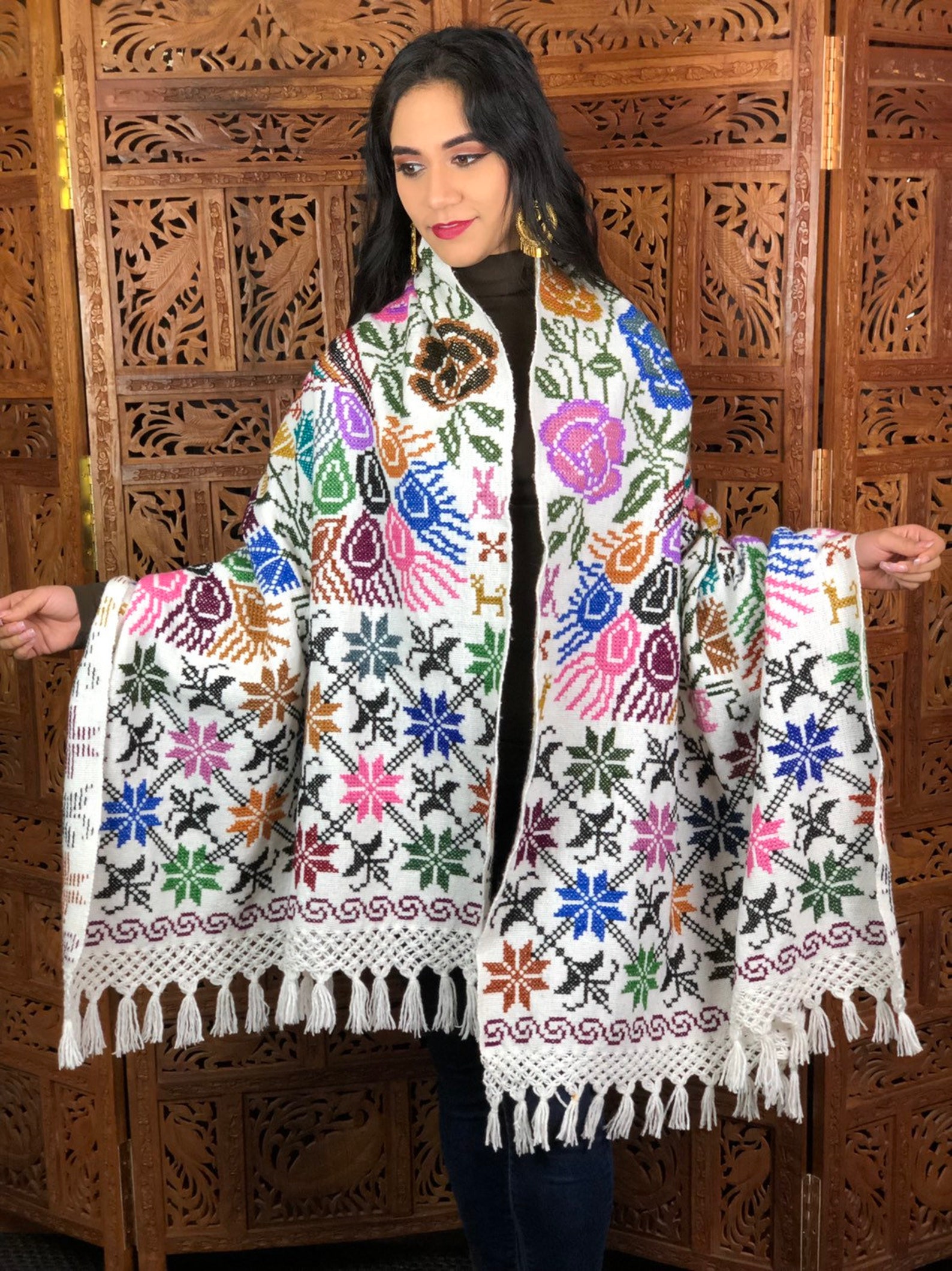 Beautiful handmade Mexican Shawl. Colorful Shawl. Mexican | Etsy