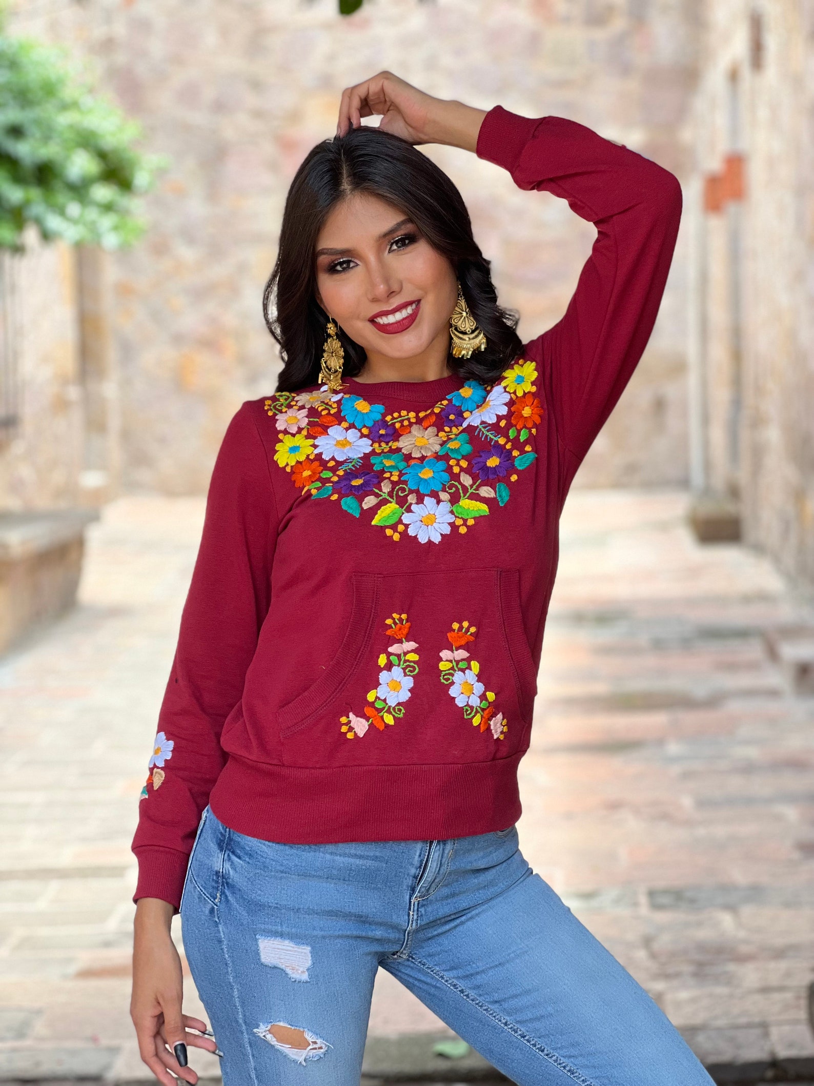 Mexican Floral Sweatshirt. Artisanal Sweatshirt Made in Mexico. Hand ...