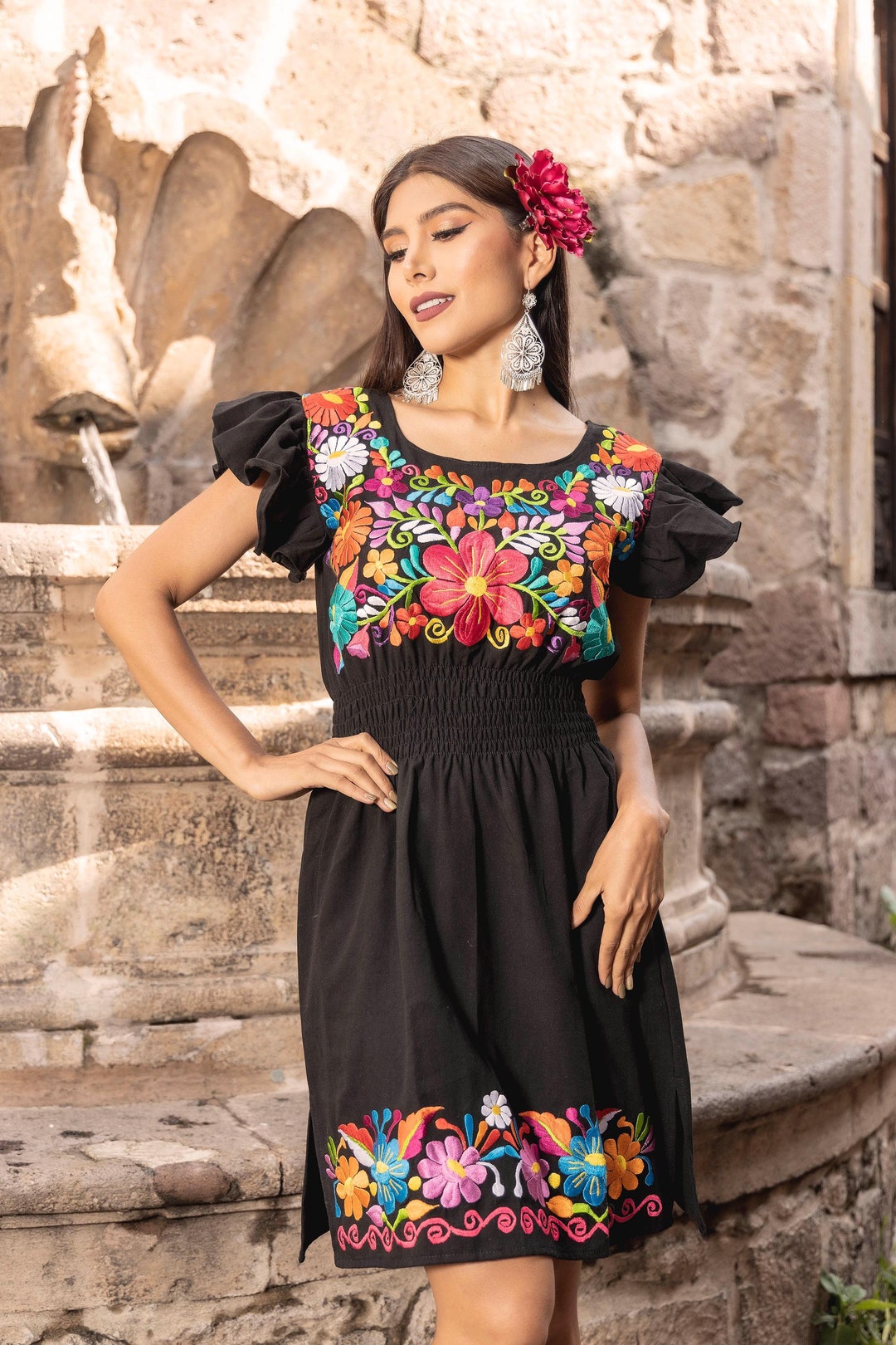 Short Floral Embroidered Dress. Ethnic Boho Hippie Style. Latina Style ...