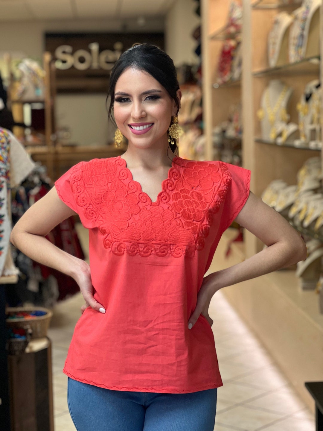 Mexican Embroidered Blouse. Size S - 2X. Traditional Floral V-shape ...