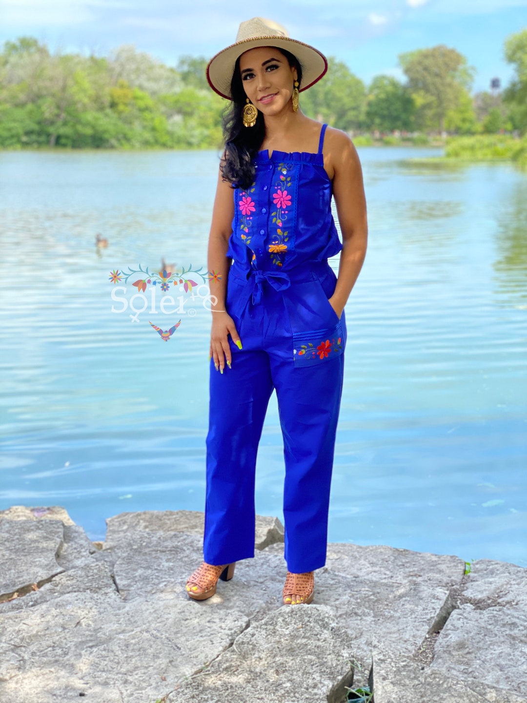 Mexican Floral Jumpsuit. Spaghetti Strap Jumpsuit. Hand Embroidered ...