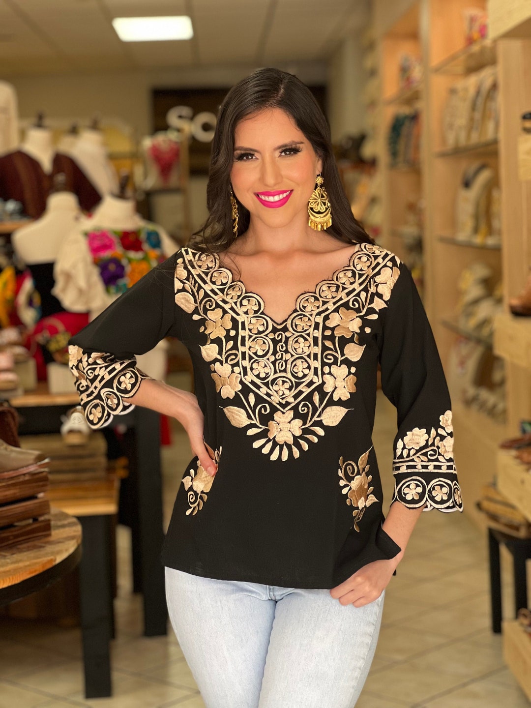 Mexican Floral Embroidered Blouse. Size S - 3X. Gold Embroidered ...